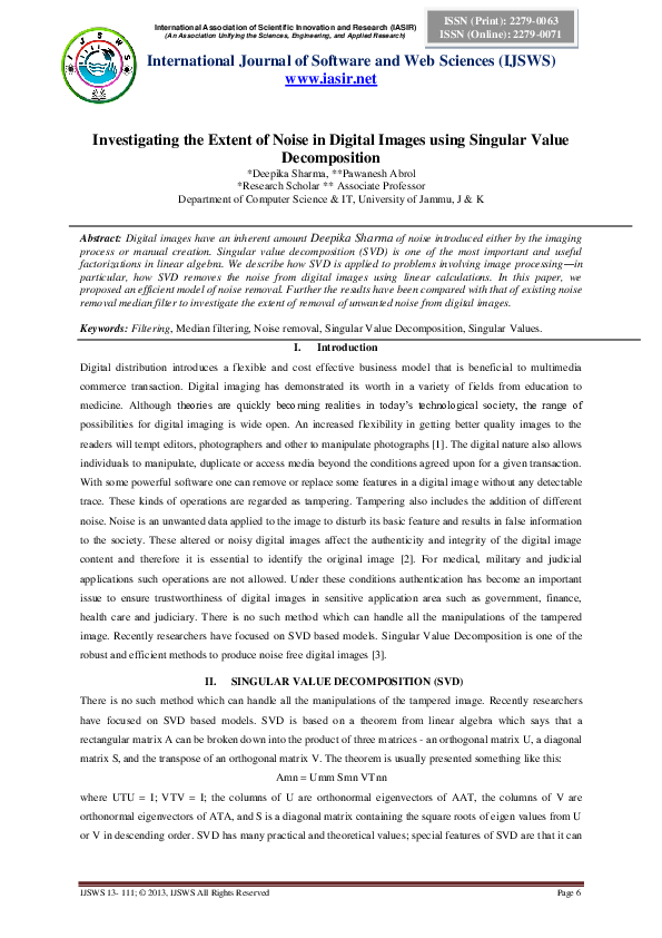 Pdf Investigating The Extent Of Noise In Digital Images Using Singular Value Decomposition