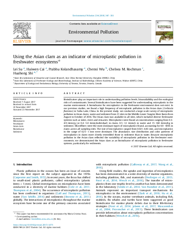 (PDF) Using the Asian clam as an indicator of microplastic pollution in freshwater ecosystems