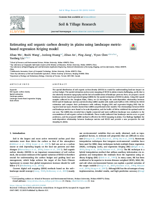 (PDF) Estimating soil organic carbon density in plains using landscape metric-based regression ...