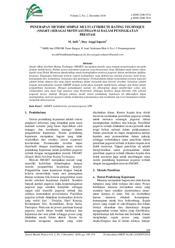 (PDF) Penerapan Metode Simple Multi Attribute Rating Technique (Smart) Sebagai Motivasi Pegawai ...