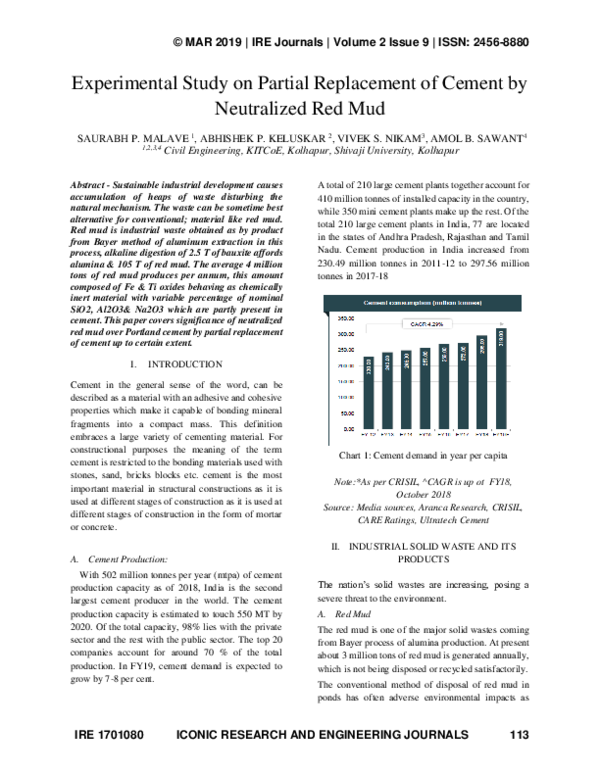 (PDF) Experimental Study On Partial Replacement Of Cement By Neutralized Red Mud - IRE Journals