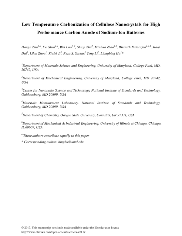 (PDF) Low temperature carbonization of cellulose nanocrystals for high ...