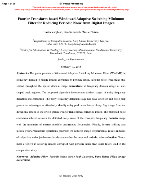 (PDF) Fourier transform‐based windowed adaptive switching minimum filter for reducing periodic ...