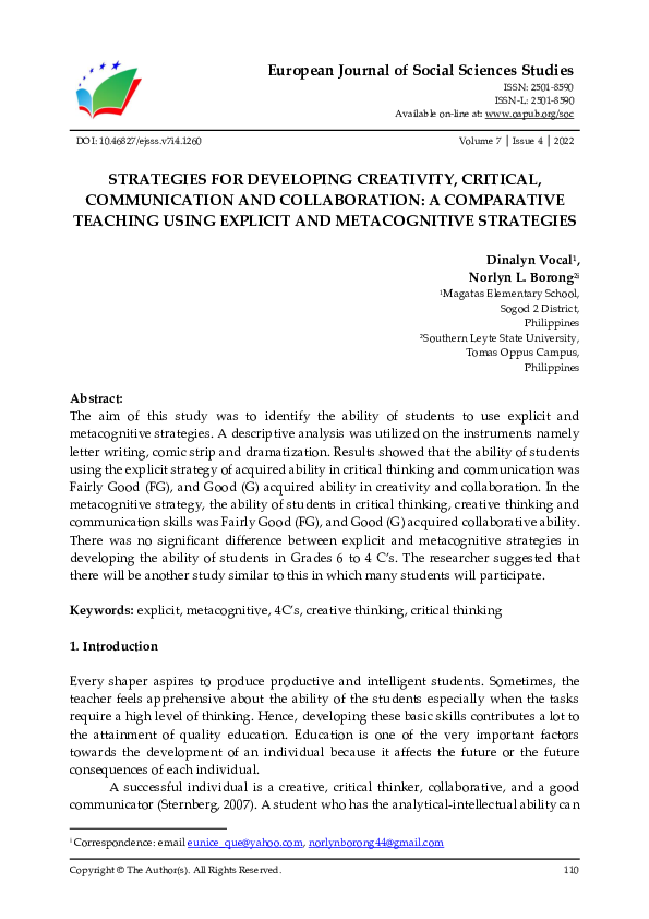 (PDF) Strategies for Developing Creativity, Critical, Communication and Collaboration: A ...