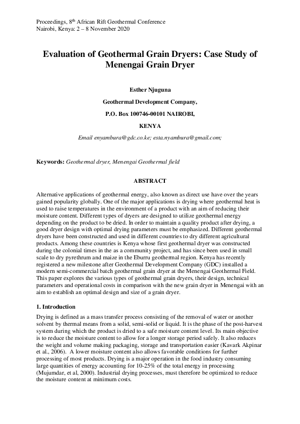 (PDF) Evaluation of Geothermal Grain Dryers: Case Study of Menengai ...