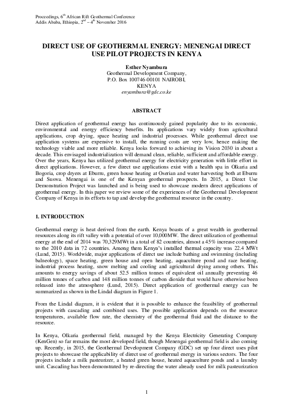 (PDF) DIRECT USE OF GEOTHERMAL ENERGY: MENENGAI DIRECT USE PILOT ...