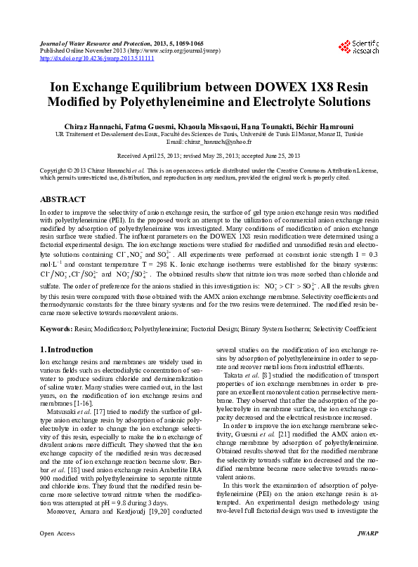 (PDF) Ion Exchange Equilibrium between DOWEX 1X8 Resin Modified by ...