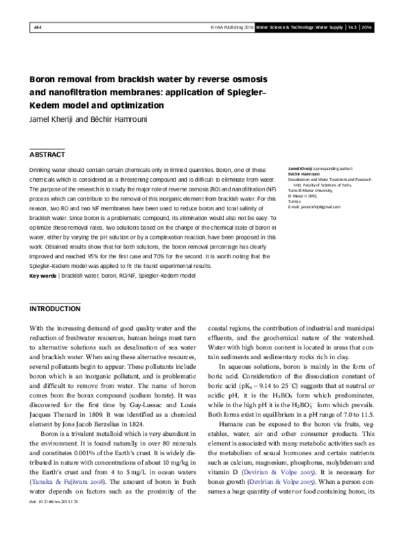 (PDF) Boron removal from brackish water by reverse osmosis and nanofiltration membranes ...