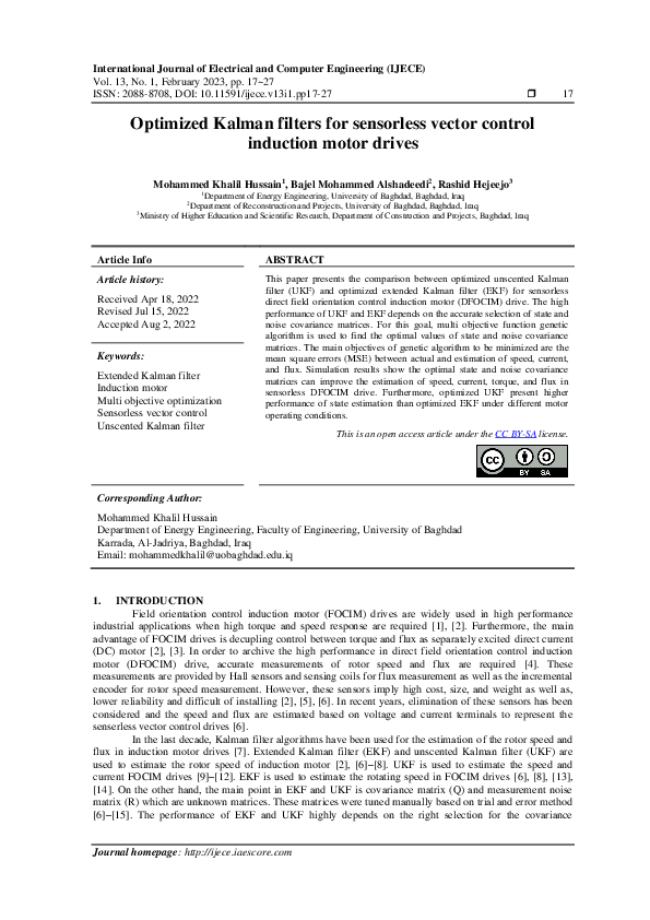 Pdf Optimized Kalman Filters For Sensorless Vector Control Induction Motor Drives