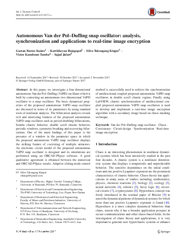 (PDF) Autonomous Van der Pol–Duffing snap oscillator: analysis, synchronization and applications ...