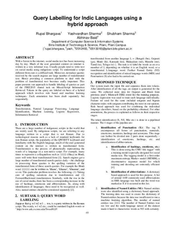(PDF) Query Labelling for Indic Languages using a hybrid approach