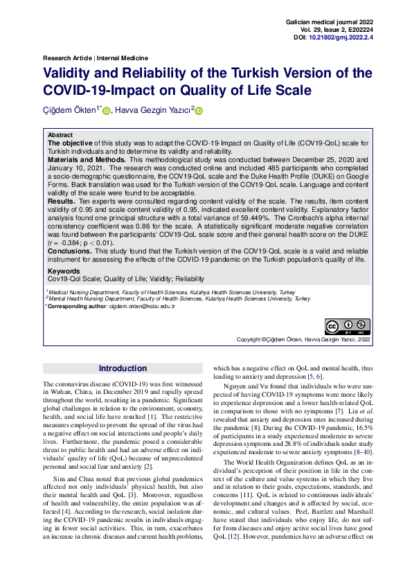 (PDF) Validity and Reliability of the Turkish Version of the COVID-19-Impact on Quality of Life ...