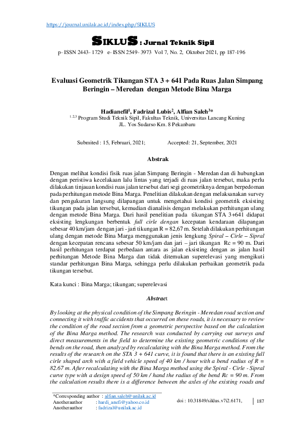 (PDF) Evaluasi Geometrik Tikungan STA 3 + 641 Pada Ruas Jalan Simpang Beringin – Meredan dengan ...