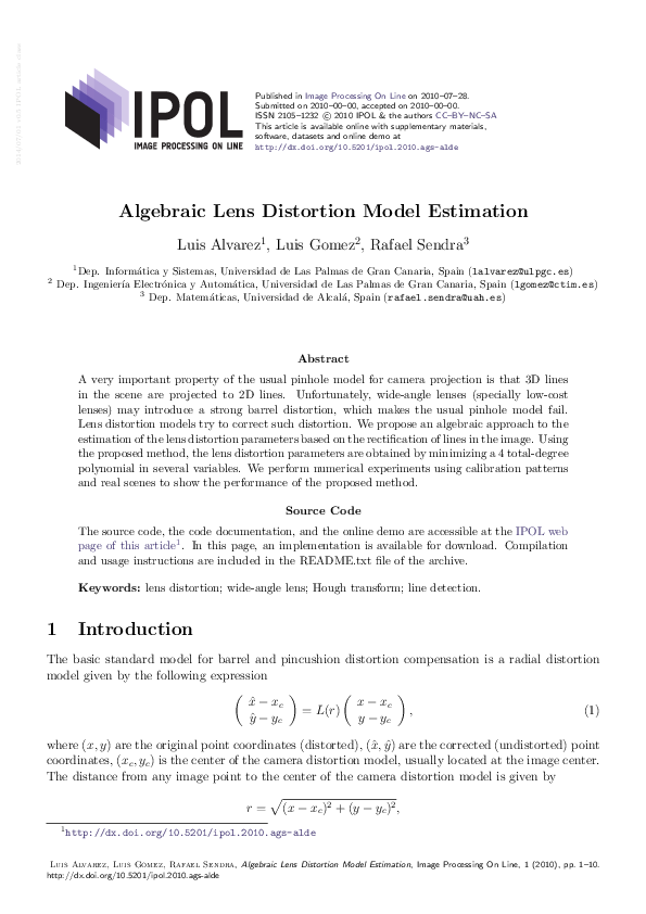 (PDF) Algebraic Lens Distortion Model Estimation