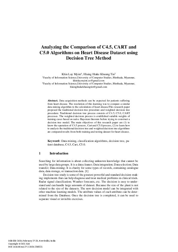 Pdf Analyzing The Comparison Of C4 5 Cart And C5 0 Algorithms On Heart Disease Dataset Using