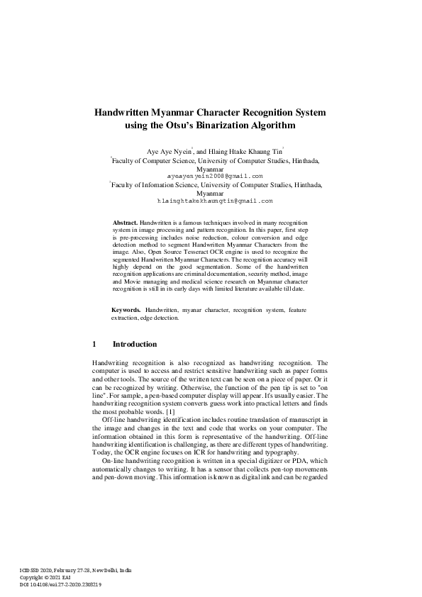Pdf Handwritten Myanmar Character Recognition System Using The Otsu S Binarization Algorithm
