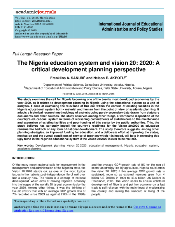 (PDF) The Nigeria education system and vision 20: 2020: A critical ...