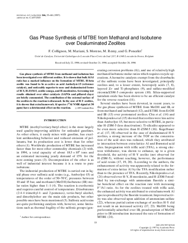 (PDF) Gas Phase Synthesis of MTBE from Methanol and Isobutene over ...