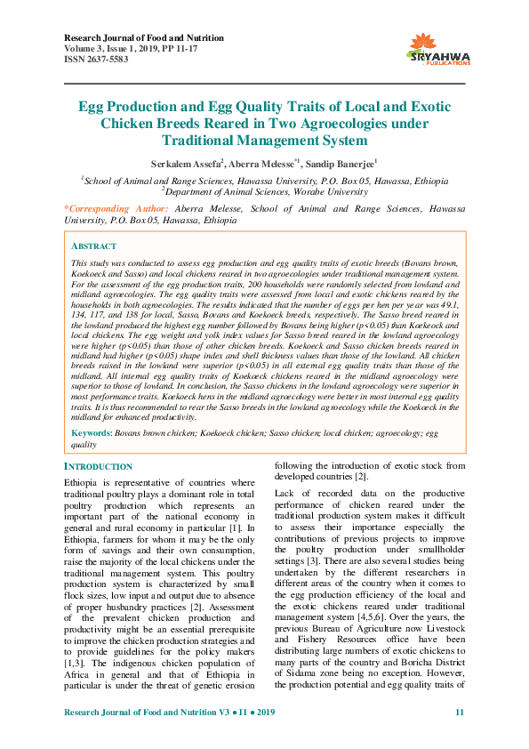 Pdf Egg Production And Egg Quality Traits Of Local And Exotic Chicken Breeds Reared In Two