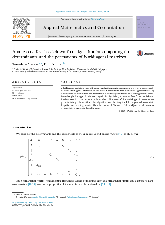 (PDF) A note on a fast breakdown-free algorithm for computing the determinants and the ...