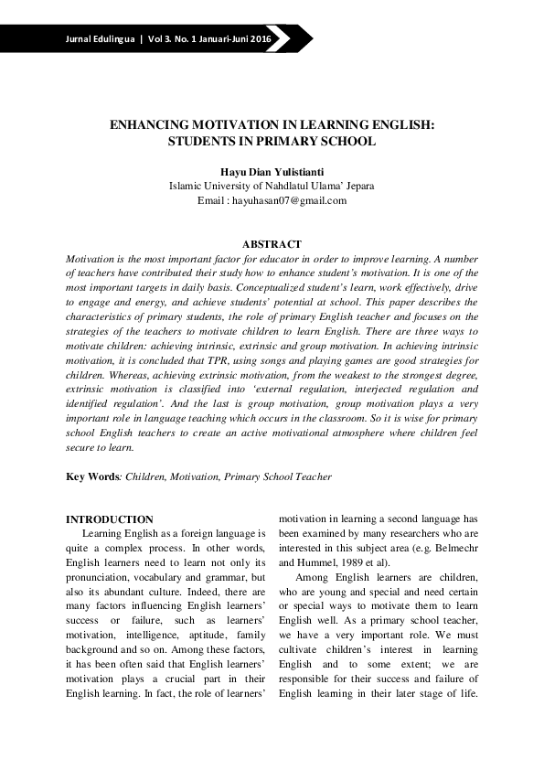 (PDF) Enhancing Motivation in Learning English: Students in Primary School