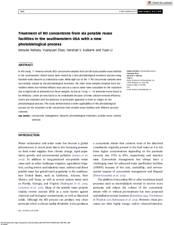 (PDF) Treatment of RO concentrate from six potable reuse facilities in ...