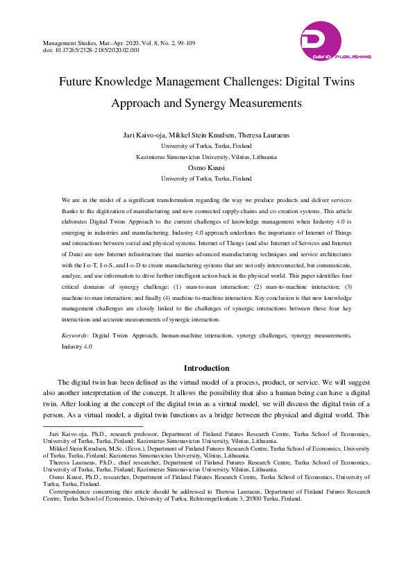 (PDF) Future Knowledge Management Challenges: Digital Twins Approach ...