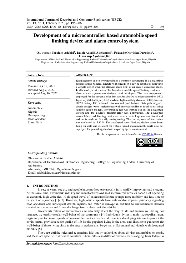 Pdf Development Of A Microcontroller Based Automobile Speed Limiting