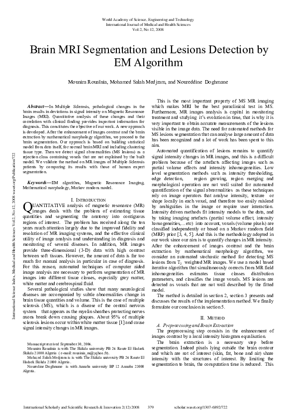 (PDF) Brain Mri Segmentation And Lesions Detection By Em Algorithm | Noureddine Doghmane ...