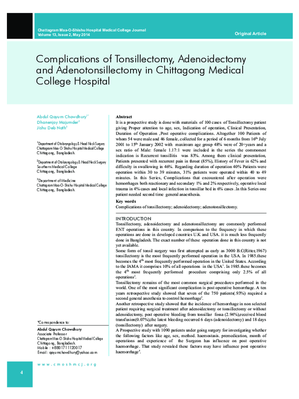 (PDF) Complications of Tonsillectomy, Adenoidectomy and ...