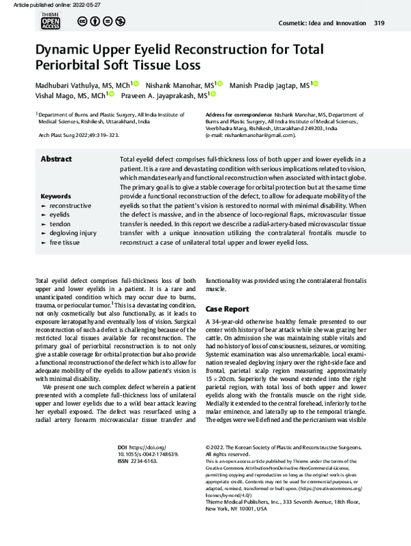 (PDF) Dynamic Upper Eyelid Reconstruction for Total Periorbital Soft ...