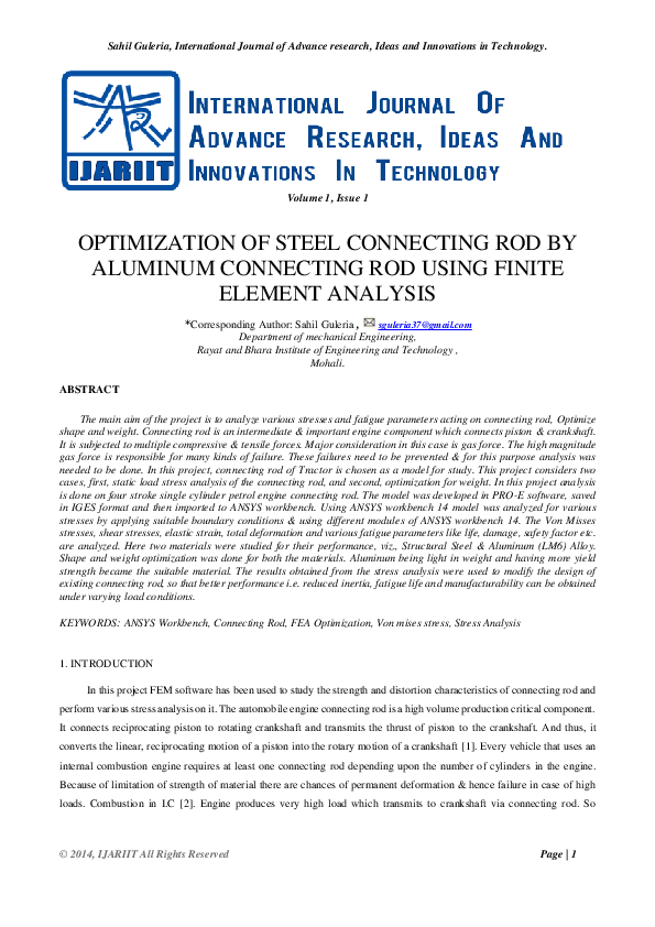 Pdf Optimization Of Steel Connecting Rod By Aluminum Connecting Rod