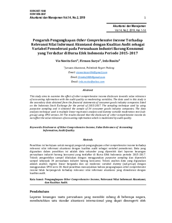 (PDF) Pengaruh Pengungkapan Other Comprehensive Income Terhadap ...