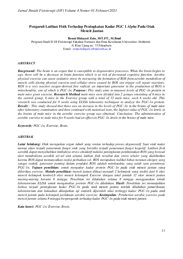 (PDF) Pengaruh Latihan Fisik Terhadap Peningkatan Kadar PGC 1 Alpha Pada Otak Mencit Jantan