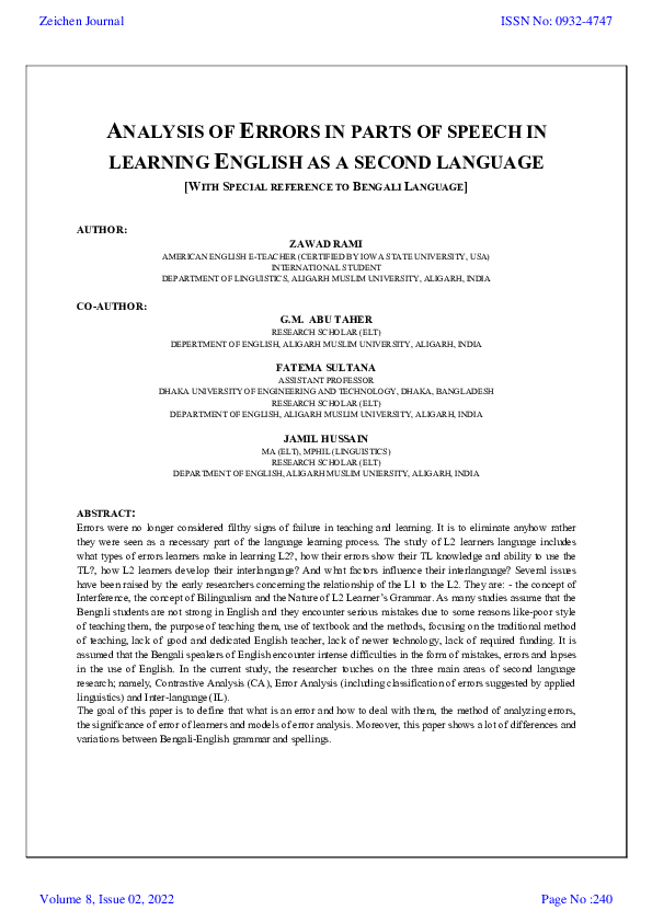 (PDF) ANALYSIS OF ERRORS IN PARTS OF SPEECH IN LEARNING ENGLISH AS A SECOND LANGUAGE