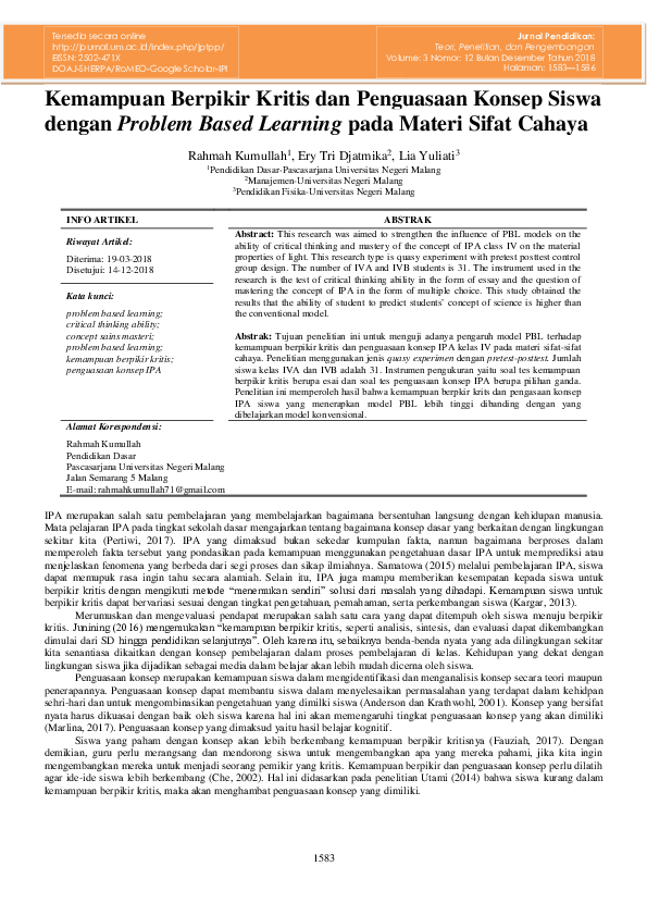 (PDF) Kemampuan Berpikir Kritis dan Penguasaan Konsep Siswa dengan Problem Based Learning pada ...