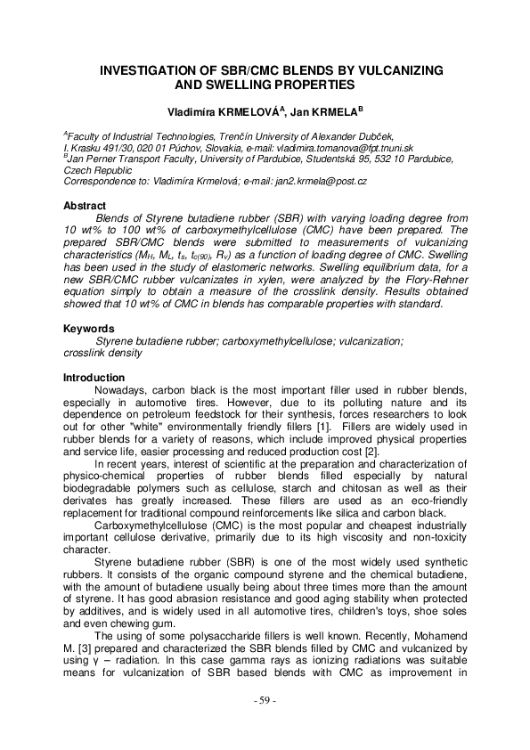 (PDF) Investigaion of SBR/CMC blends by vulcanizing and swelling properties