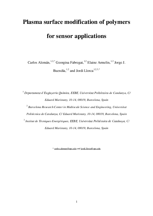 (PDF) Plasma surface modification of polymers for sensor applications | georgina fabregat ...