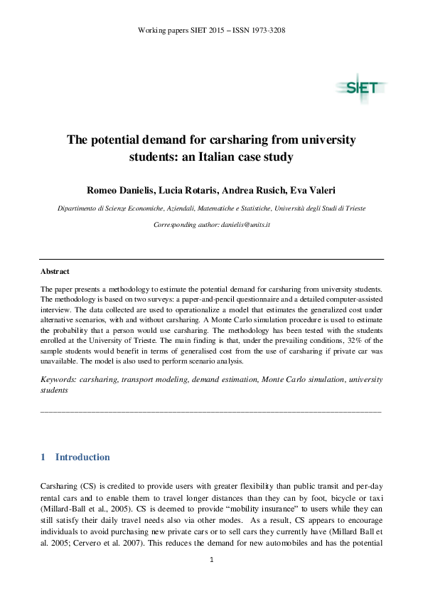 (PDF) The Potential Demand for Carsharing by University Students: An Italian Case Study