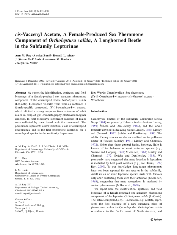 Pdf Cis Vaccenyl Acetate A Female Produced Sex Pheromone Component