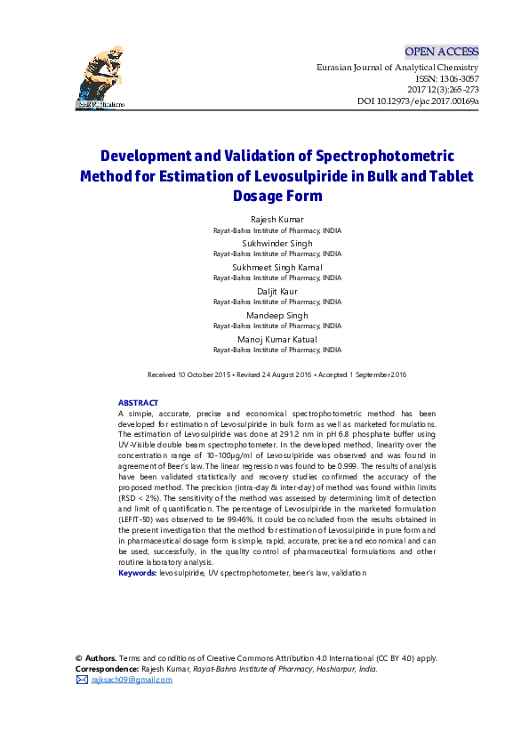 (PDF) Development and Validation of Spectrophotometric Method for Estimation of Levosulpiride in ...