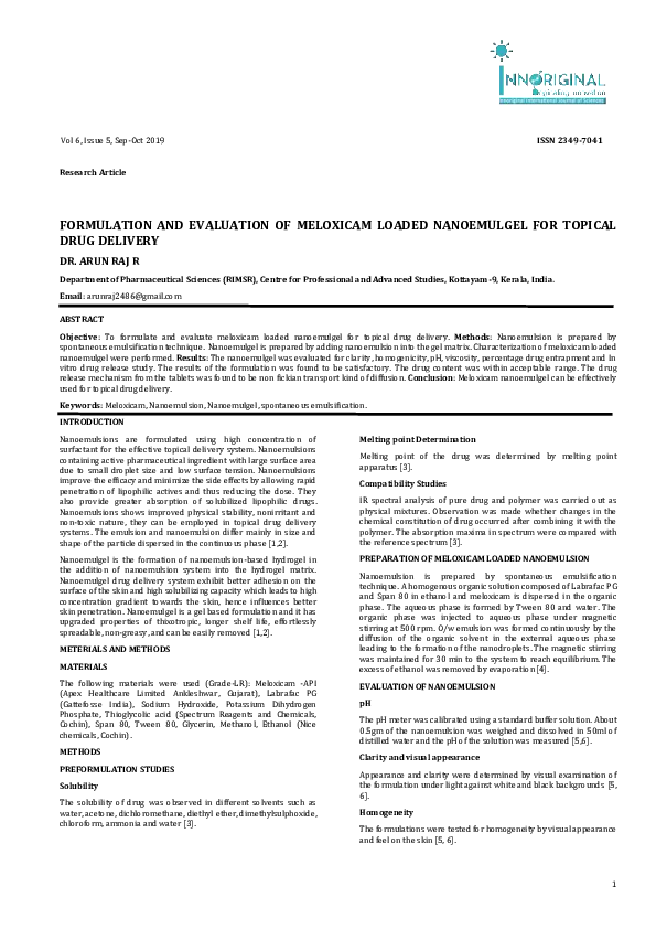 (PDF) Formulation and Evaluation of Meloxicam Loaded Nanoemulgel for Topical Drug Delivery
