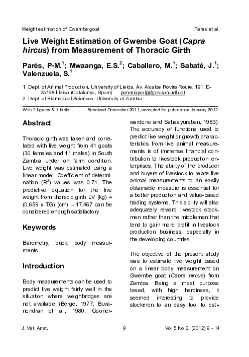 (PDF) Live Weight Estimation of Gwembe Goat (Capra hircus) from ...