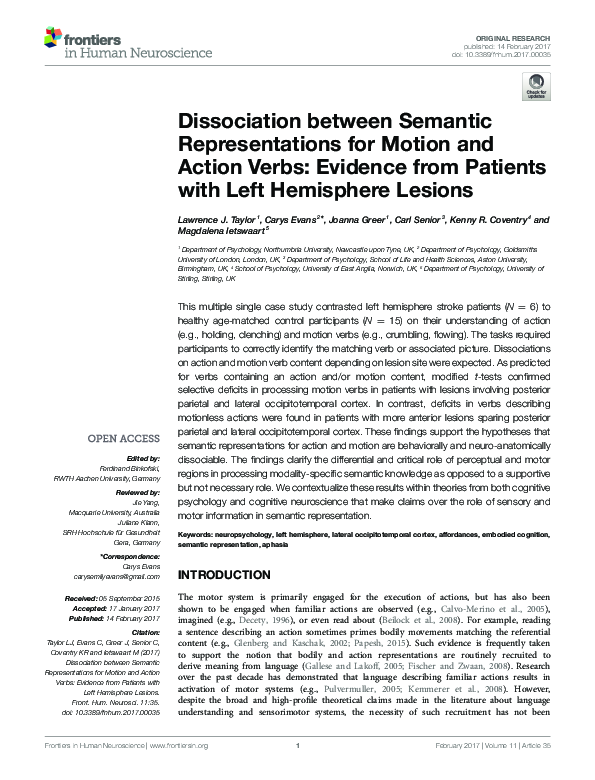 Pdf Dissociation Between Semantic Representations For Motion And