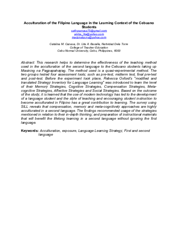 (DOC) Acculturation of the Filipino Language in the Learning Context of ...