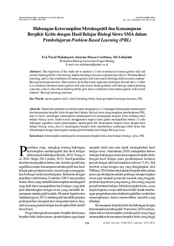 (PDF) Hubungan Keterampilan Metakognitif Dan Kemampuan Berpikir Kritis Dengan Hasil Belajar ...