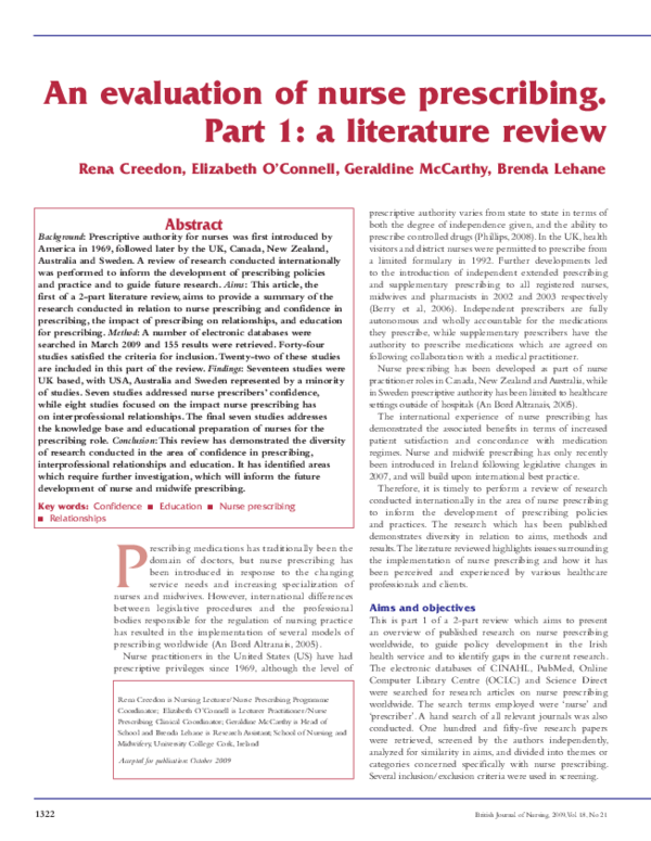 (PDF) An evaluation of nurse prescribing. Part 1: a literature review