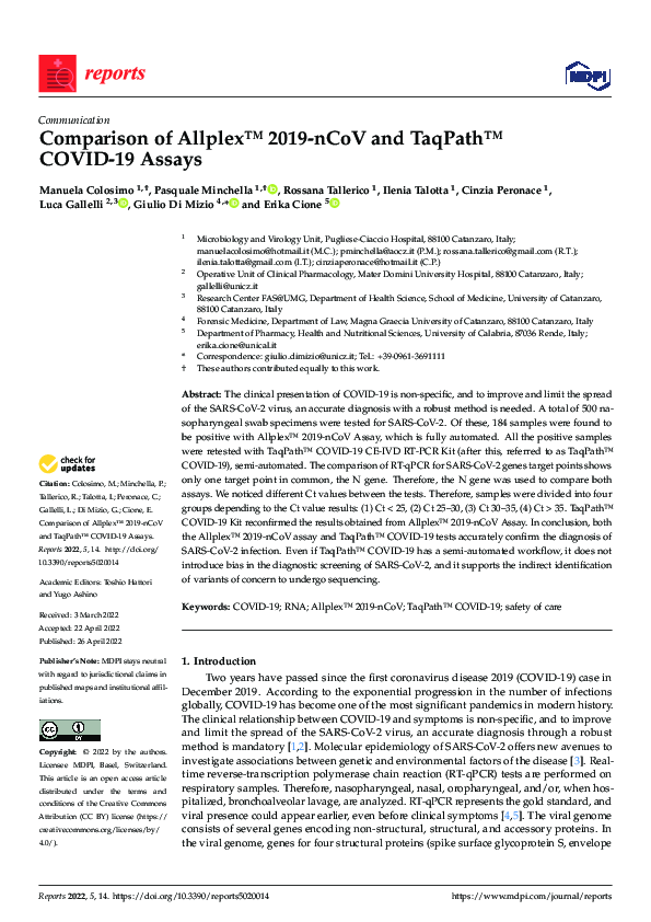 (PDF) Comparison of Allplex™ 2019-nCoV and TaqPath™ COVID-19 Assays ...