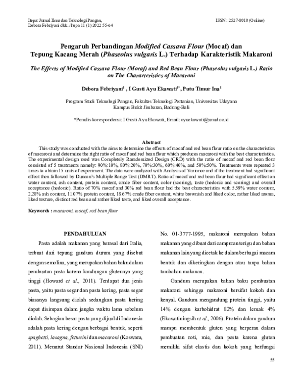 (PDF) Pengaruh Perbandingan Modified Cassava Flour (Mocaf) dan Tepung Kacang Merah (Phaseolus ...