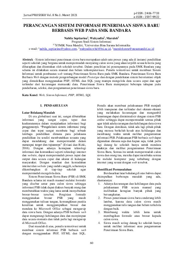 (PDF) Perancangan Sistem Informasi Penerimaan Siswa Baru Berbasis Web Pada SMK Bandara